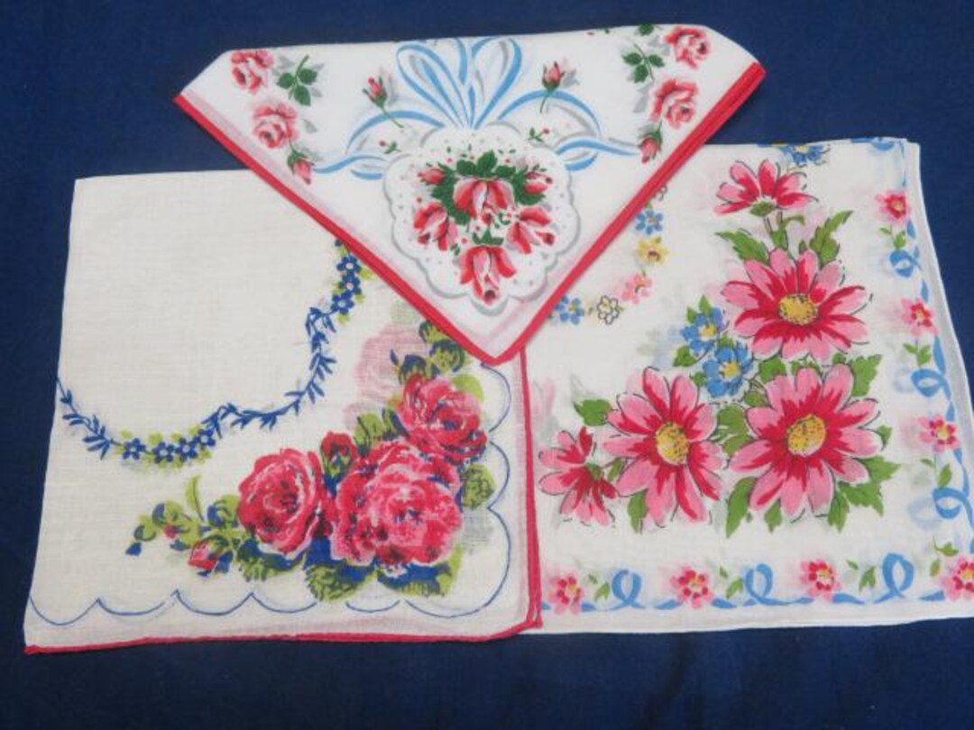 3 Vintage Hankies Shades of Red and Blue Flowers Bouquet Hanky ...