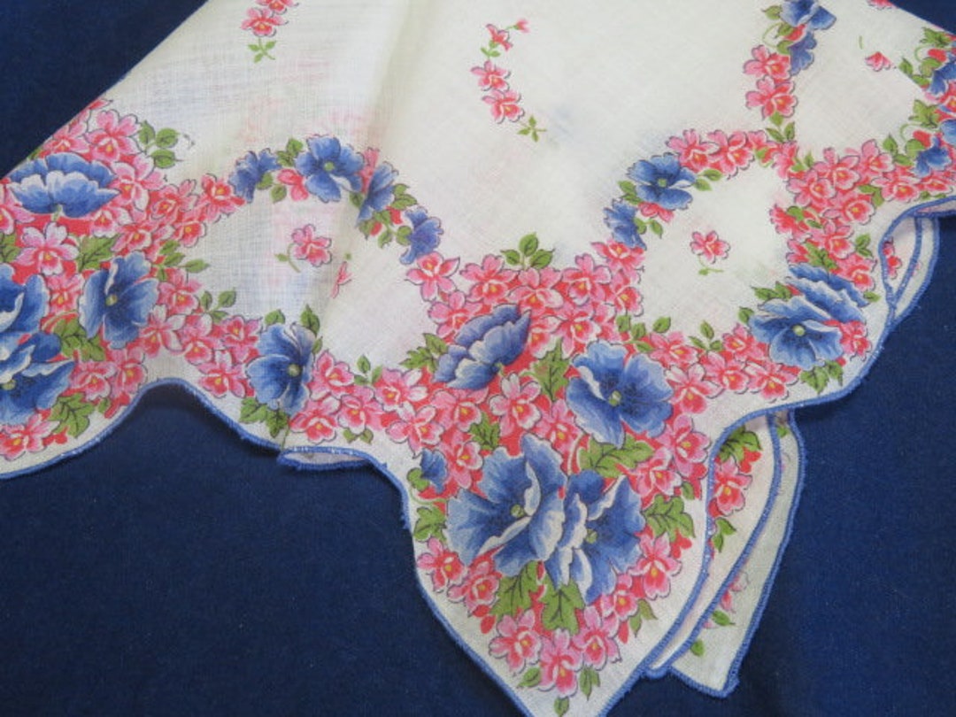 Large Vintage Hanky Blue Pansies and Pink Flowers Scalloped Machine ...