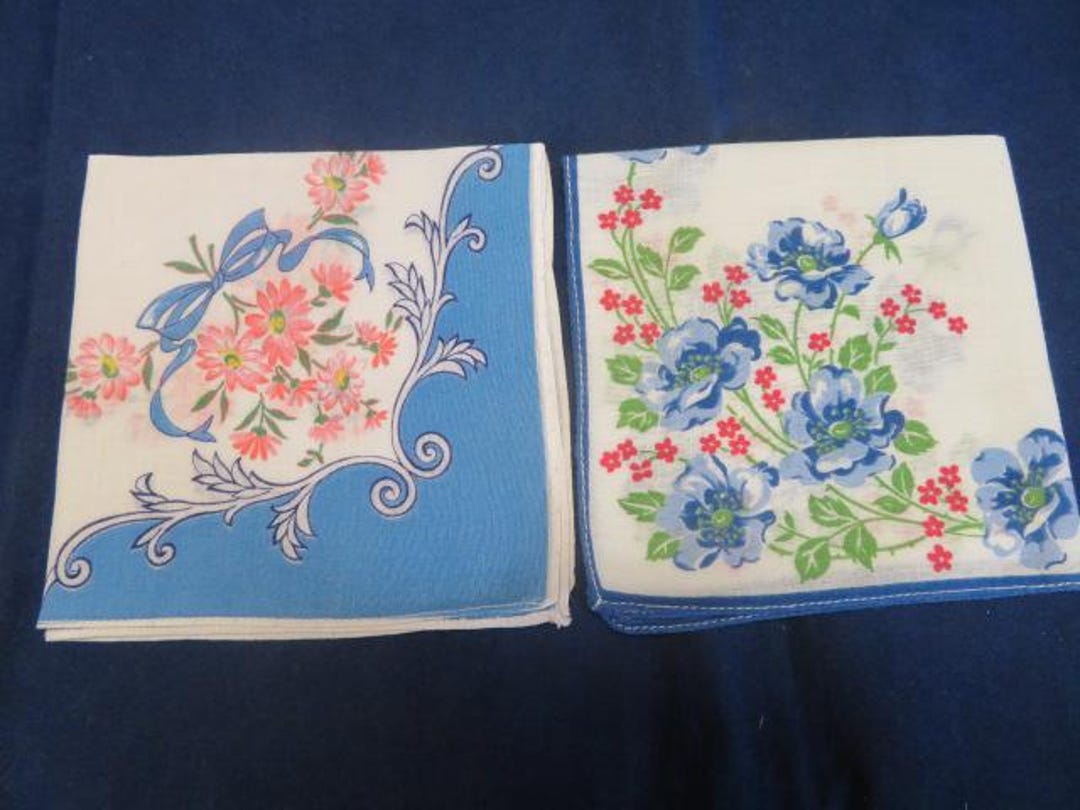 2 Vintage Hankies Shades of Blue Pink and Red Machine Edge Hanky ...