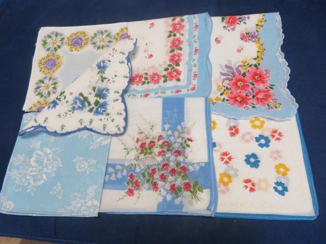 7 Vintage Hankies Shades of Blue Pink and Lavender Different Sizes and ...