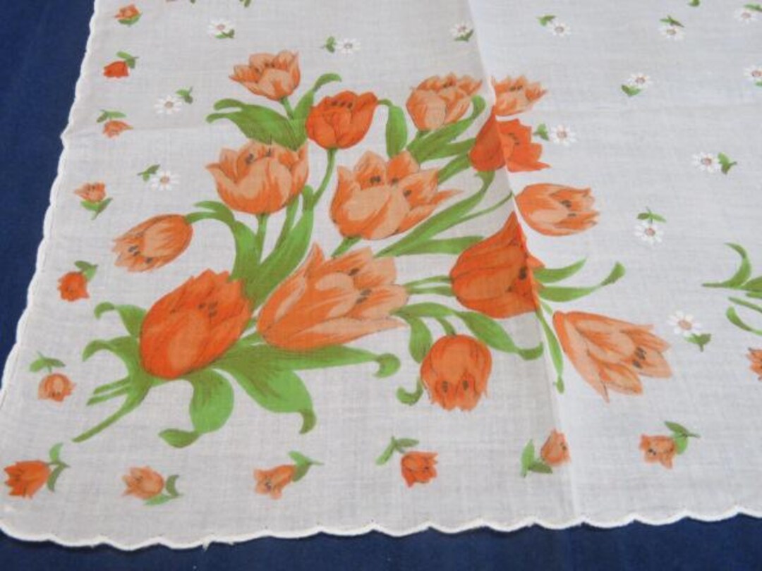 Vintage Hanky Large Bouquet of Orange Tulips on One Corner Scalloped ...