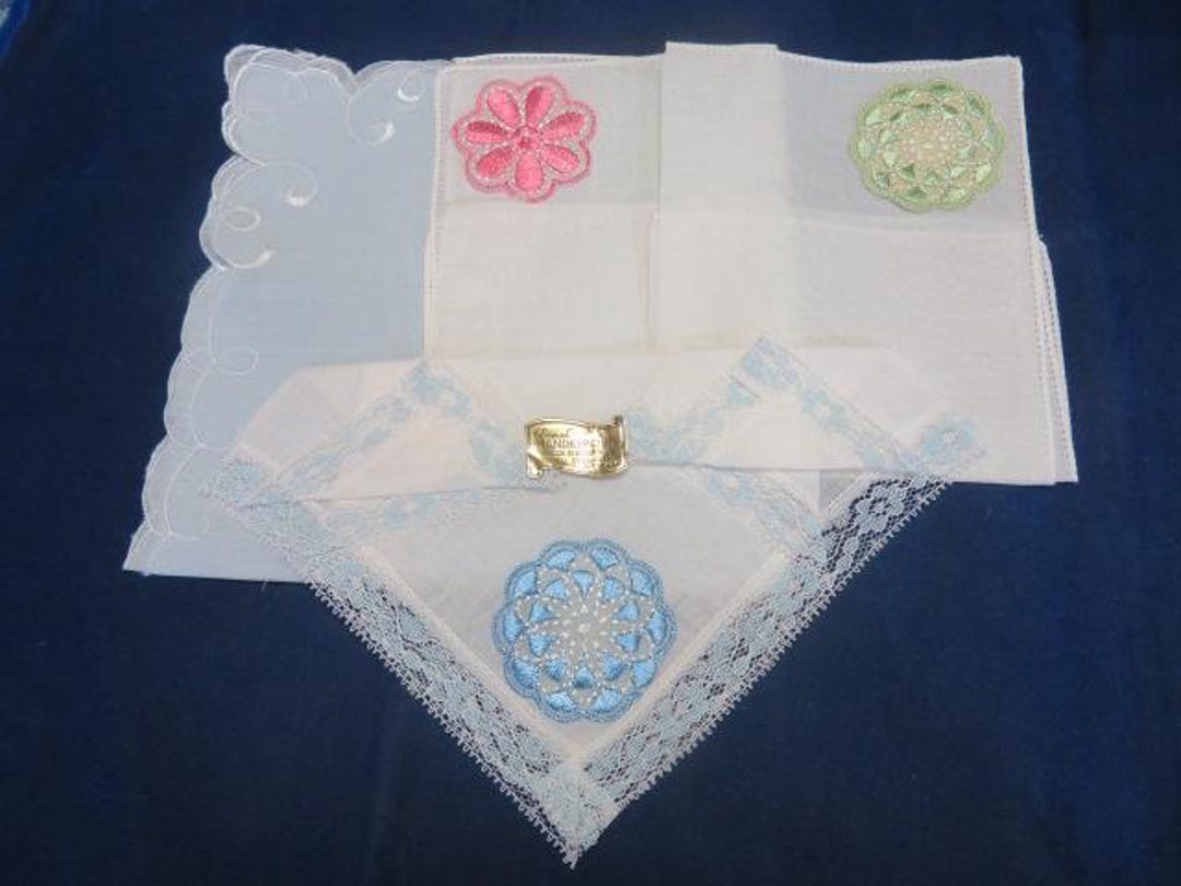 4 Vintage Hankies 1 Pastel Blue With Satin Embroidery 3 Medallions Pink Blue and Green Machine ...