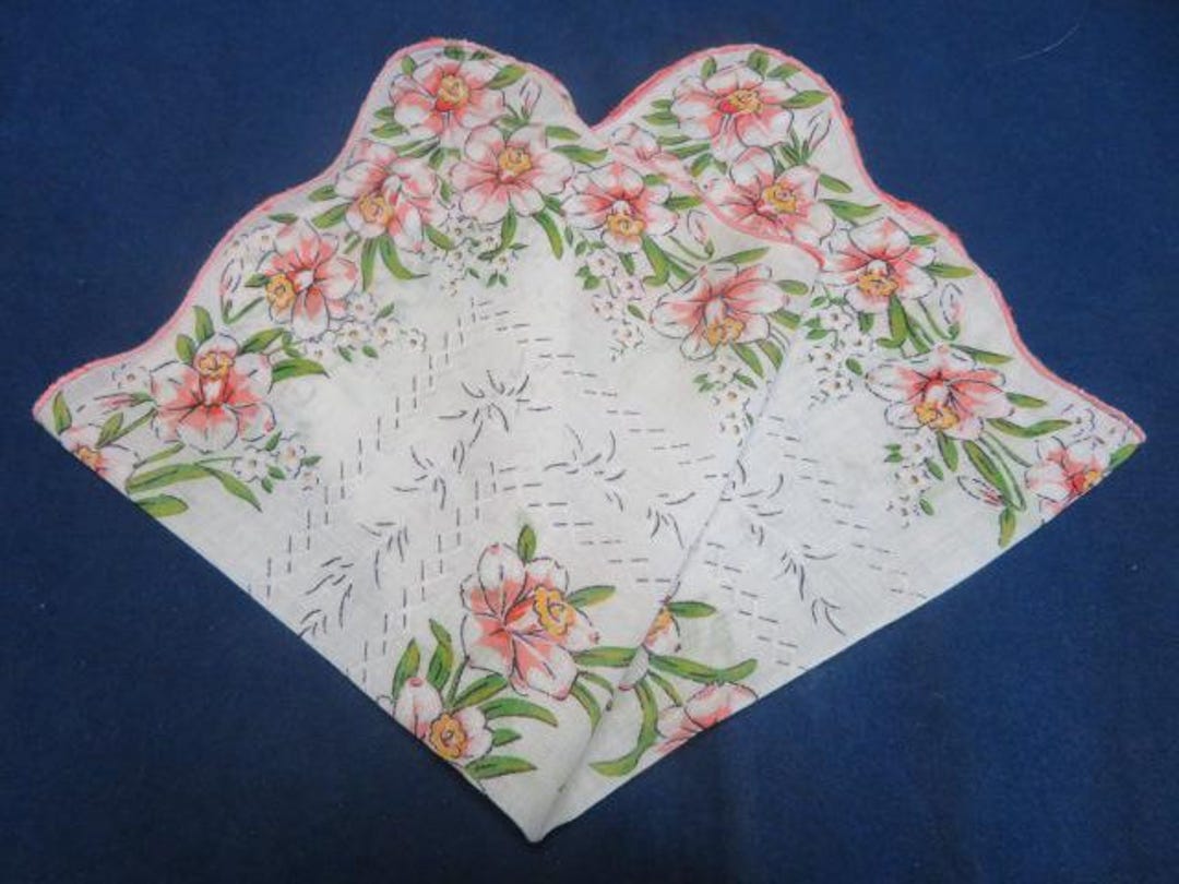 Vintage Hanky Orange and White Daffodils Tiny Daisies Scalloped Machine ...
