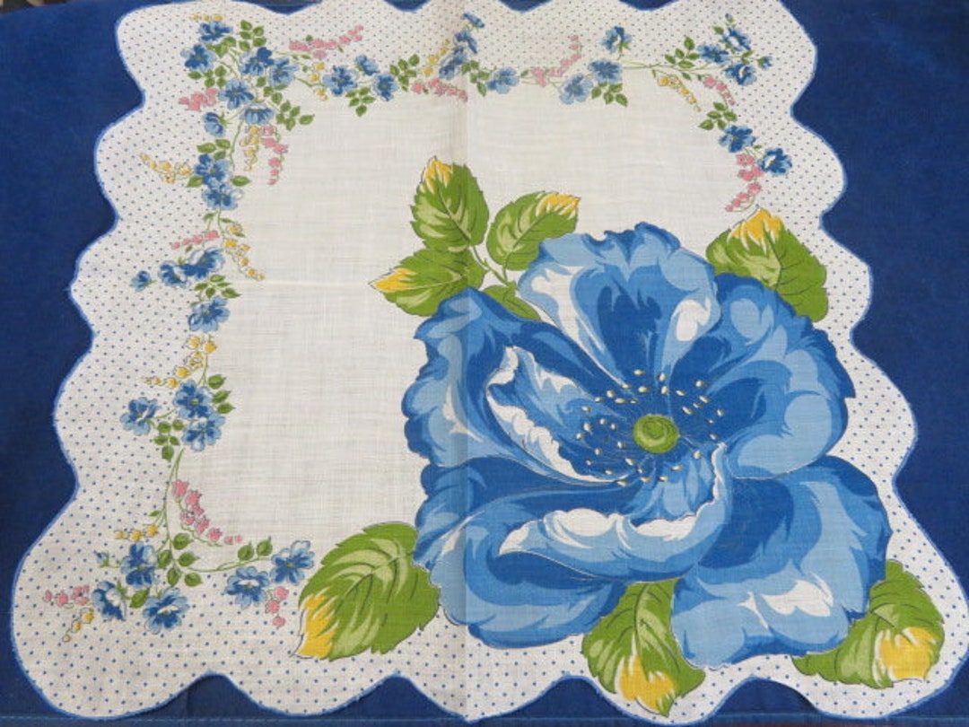 2 Large Vintage Hankies Big Blue Flower on One Corner Pink and Yellow ...