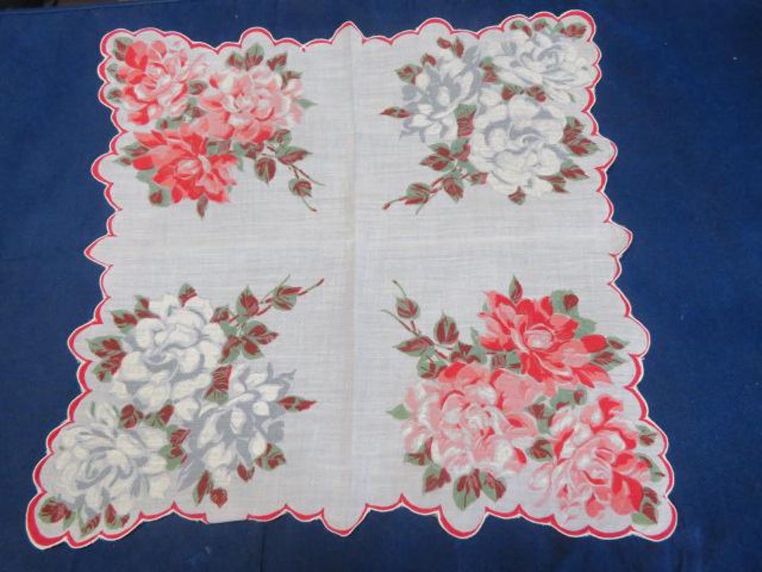 Vintage Hanky Shades of Pink and Red Roses Scalloped Machine Edge Two ...