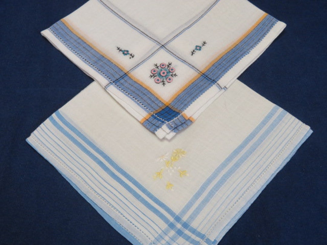 2 Vintage Hankies Blue Plaid With Hand Embroidery Flowers Machine Edge ...