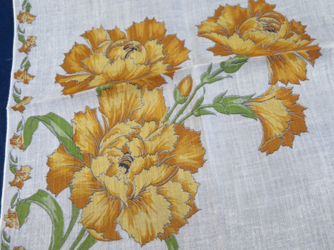 Vintage Hanky Bright Yellow Carnation Bouquet Hand Rolled Edge Hanky ...