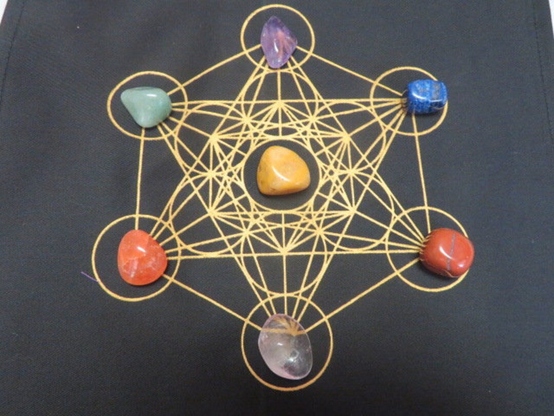 Metatron Crystal Grid Mat Bright Gold Design With 7 Chakra Stones Grid ...