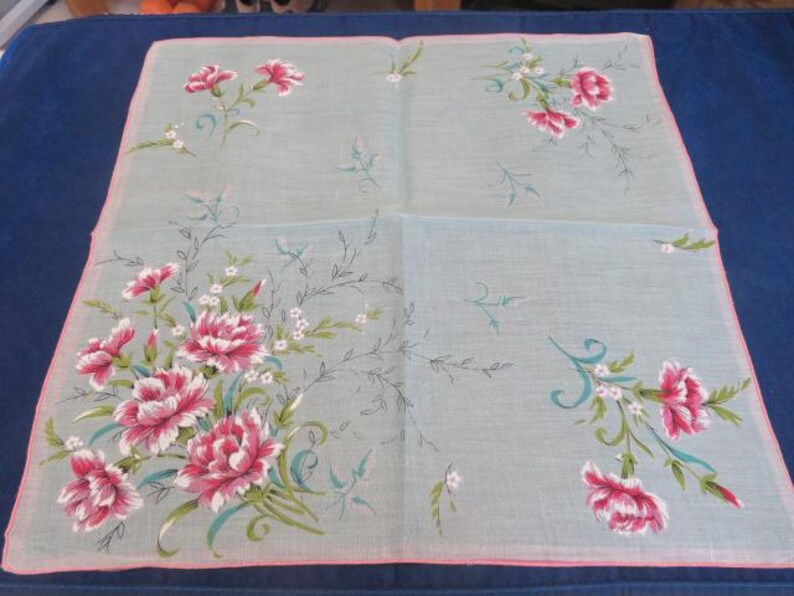 Large Vintage Hanky Teal With Pink and White Flower Bouquet on One ...