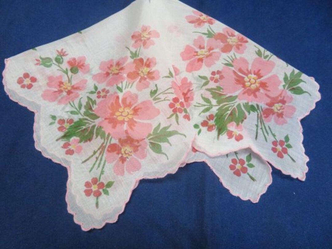 Vintage Hanky Shades of Pink Flowers Scalloped Machine Edge Hankie ...