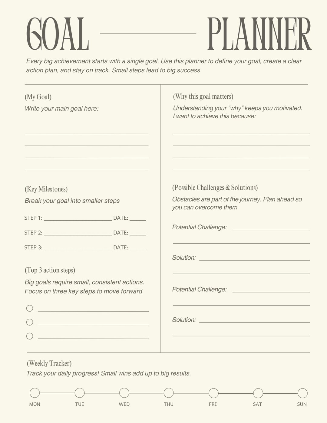 Minimalist Goal Planner Printable | Daily Weekly Goal Setting Template ...