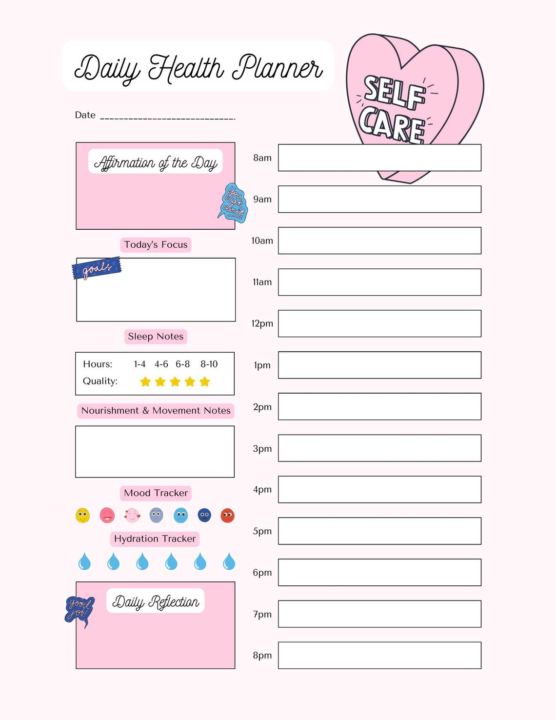 Pink Daily Health Planner Template | Self Care Wellness Sheet ...
