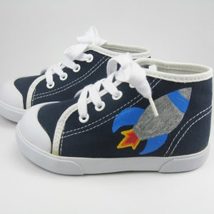Spaceship Shoes, Blue Hi Top Rocket Sneakers Hand Painted Toddler Size ...