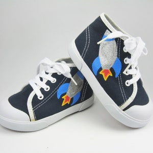 Spaceship Shoes, Blue Hi Top Rocket Sneakers Hand Painted Toddler Size ...
