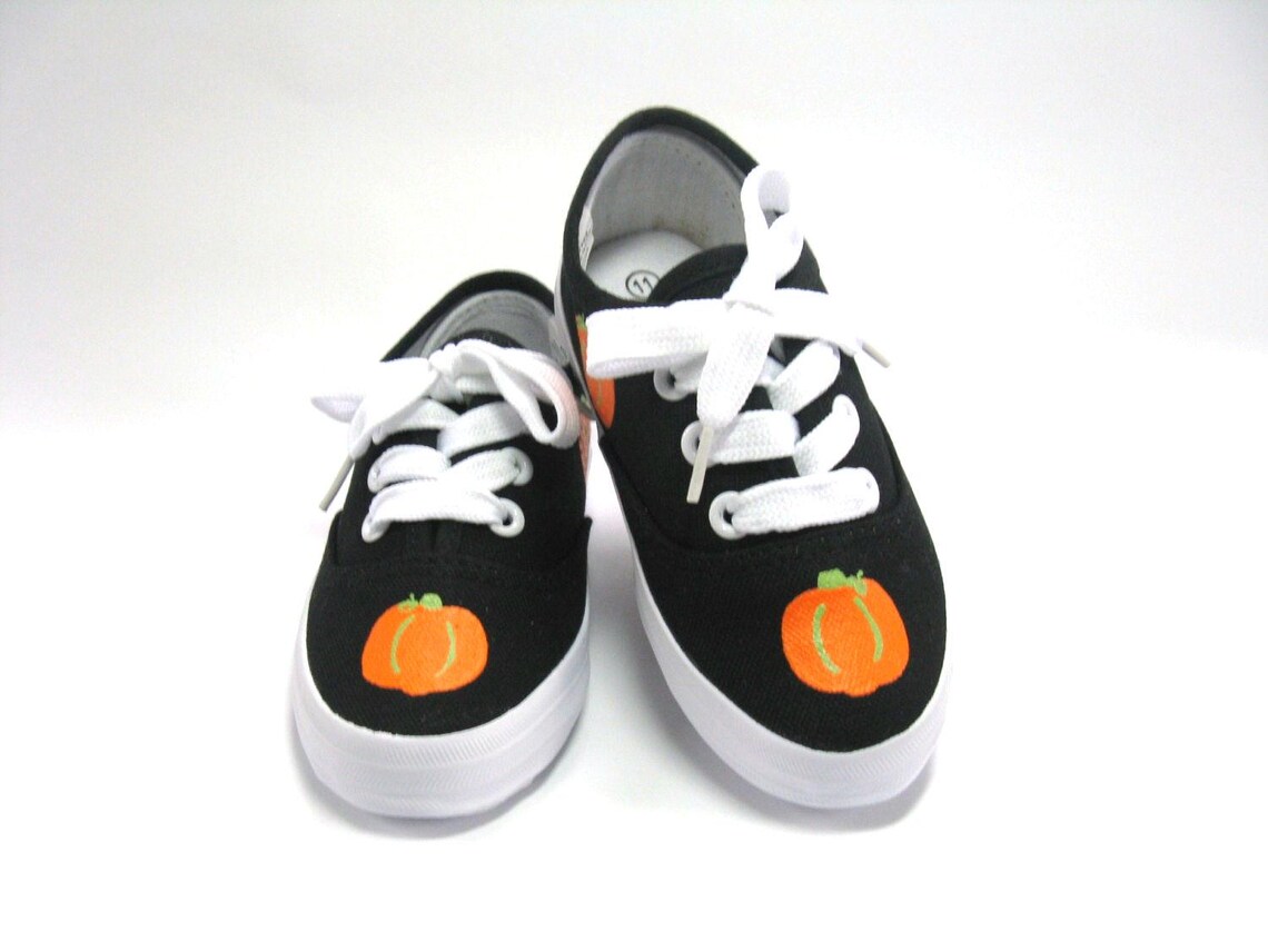 Pumpkin Shoes, Thanksgiving Black Sneakers Hand Painted for Baby or ...