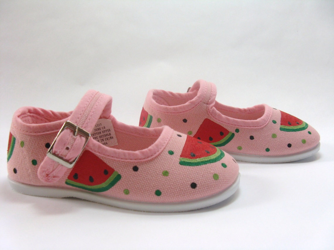 Watermelon Shoes, Pink Mary Jane's Hand Painted for Babies and Toddlers ...
