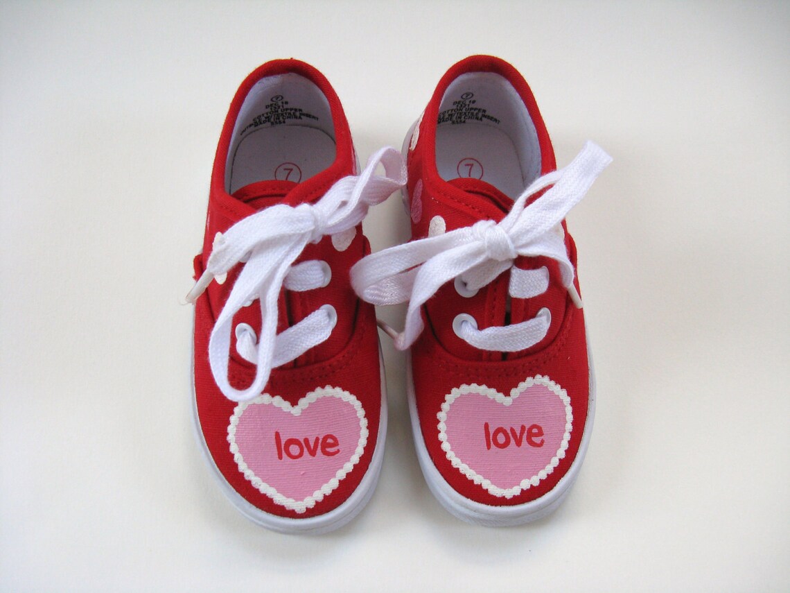 Valentine's Day Shoes, Pink Hearts on Red Sneakers Hand Painted for ...
