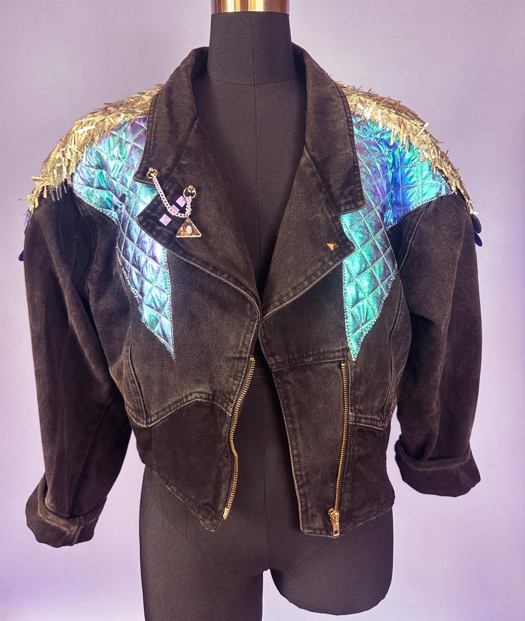 Black Cropped 80s Vintage Denim Party Jacket With Silver Sequins ...