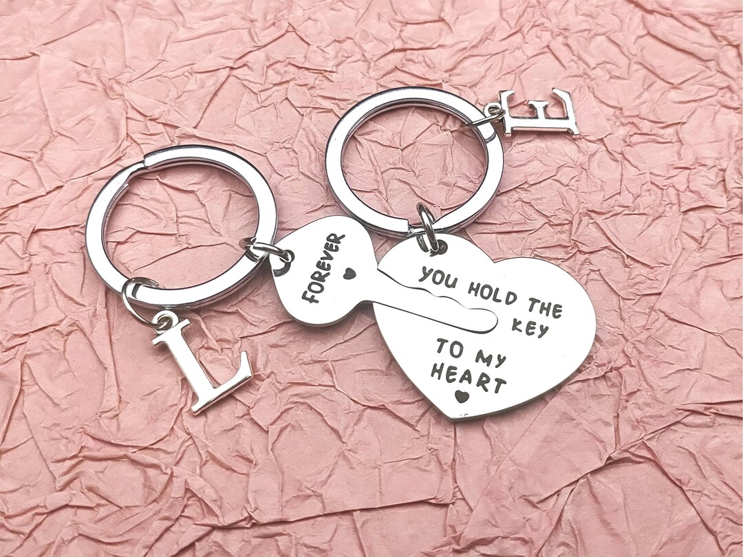 The Key to Her Heart Couple Keychain Set, Personalized Initial Couple ...