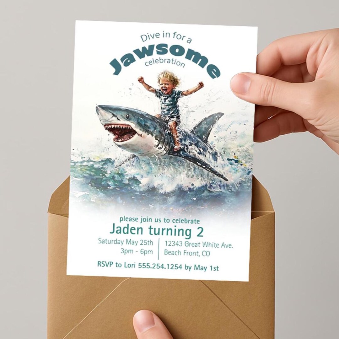 Jaw-some Shark Birthday Invitation | Editable in Canva | Boy or Girl ...
