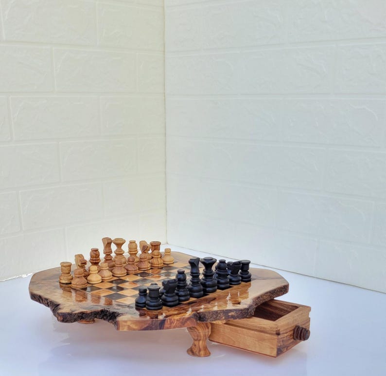 Luxury Olive Wood Chess Set With Handcrafted Pieces & Storage Drawers ...