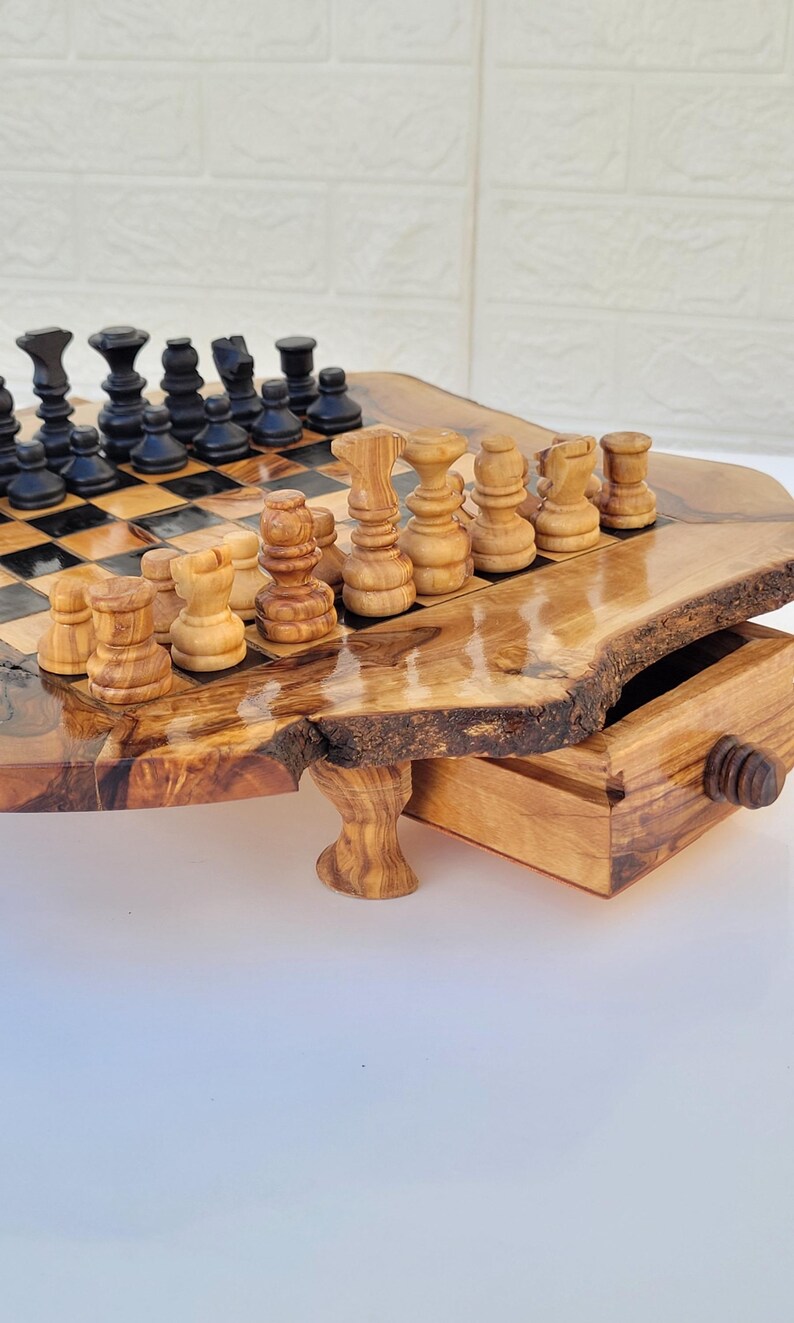 Luxury Olive Wood Chess Set With Handcrafted Pieces & Storage Drawers ...