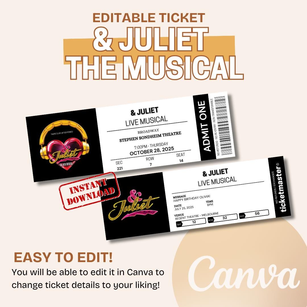 Editable &juliet Ticket,juliet Broadway Musical Ticket 2025,broadway ...