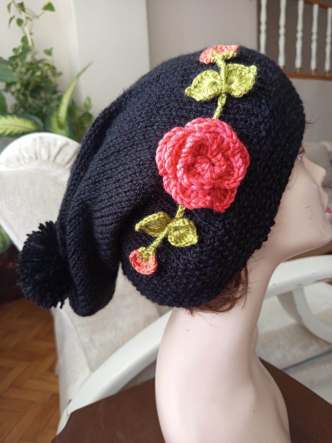 Knitted Beret-loose Beret-red Rose Motif Beret-flower Motif Beret ...
