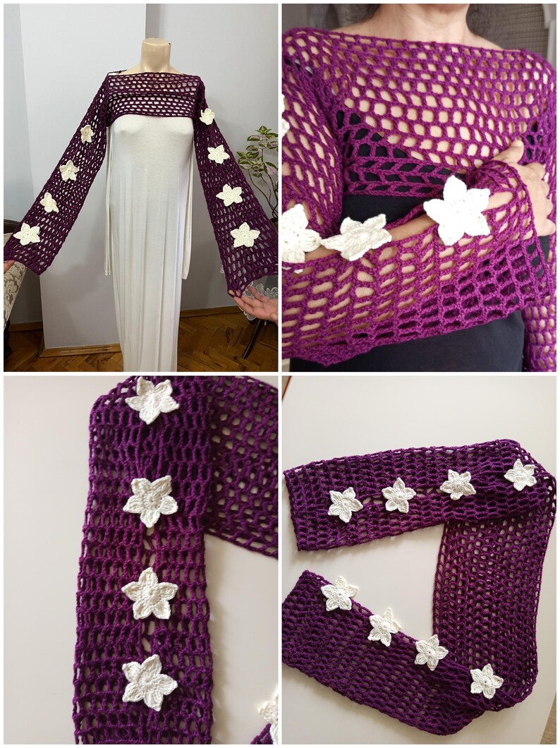 Crochet Flower Motif Fishnet Decoration, Handmade Fishnet Bolero ...