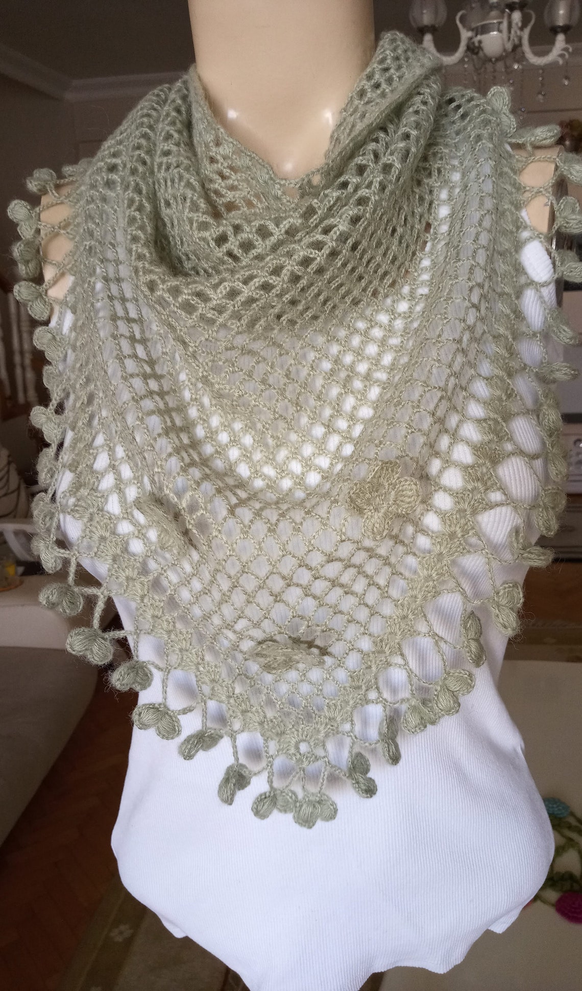 Crocheted Shawl Tiny Flower Scarf Neck Tie Green Shawl Handmade Scarf Triangle Shawl Stylish ...