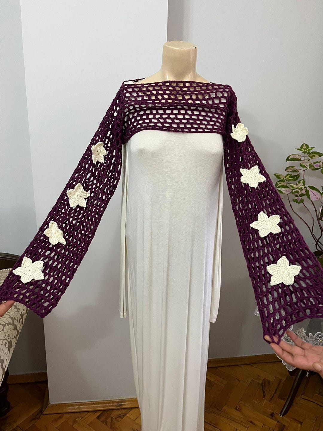 Crochet Flower Motif Fishnet Decoration, Handmade Fishnet Bolero ...