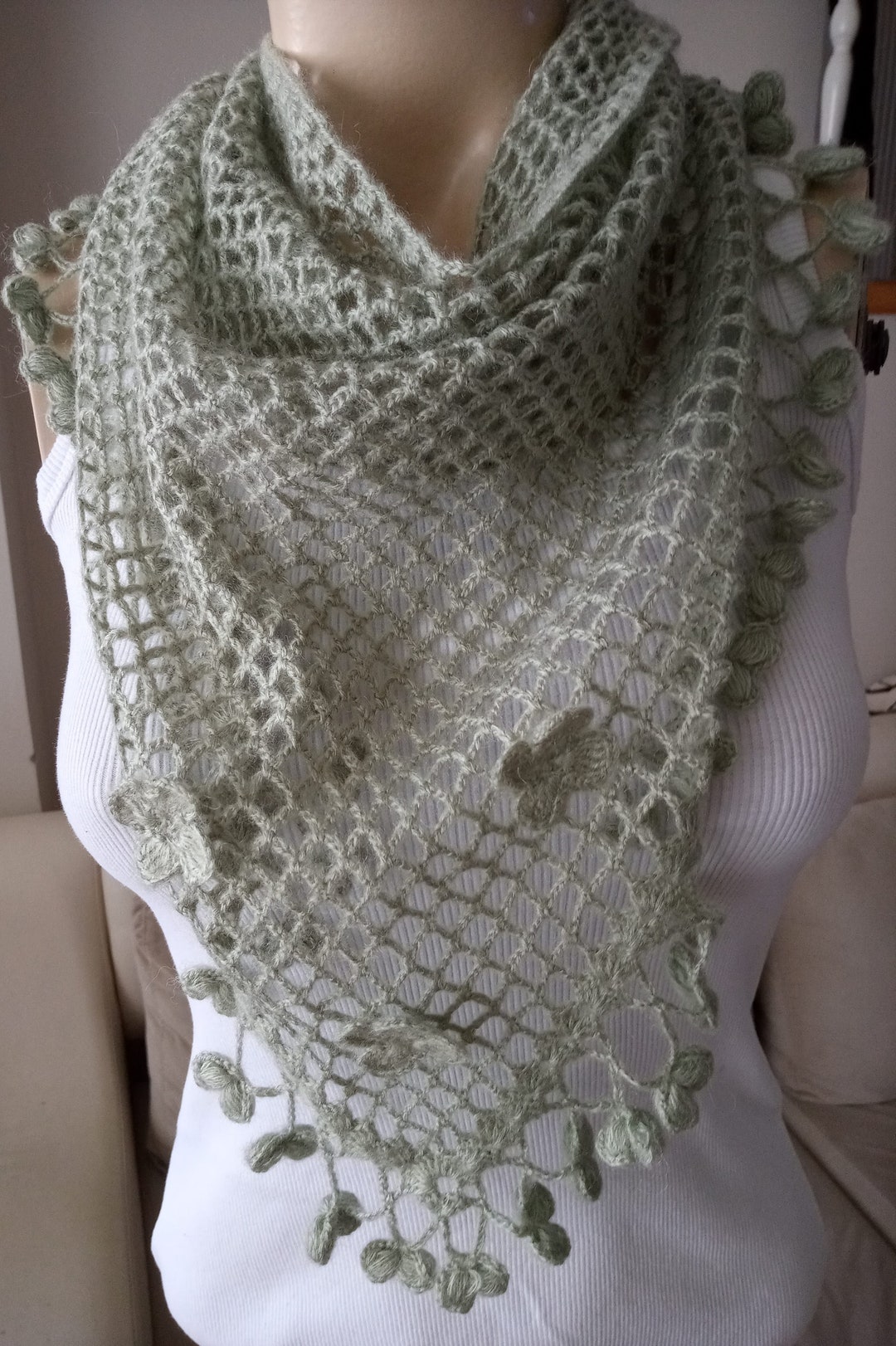 Crocheted Shawl Tiny Flower Scarf Neck Tie Green Shawl Handmade Scarf Triangle Shawl Stylish ...
