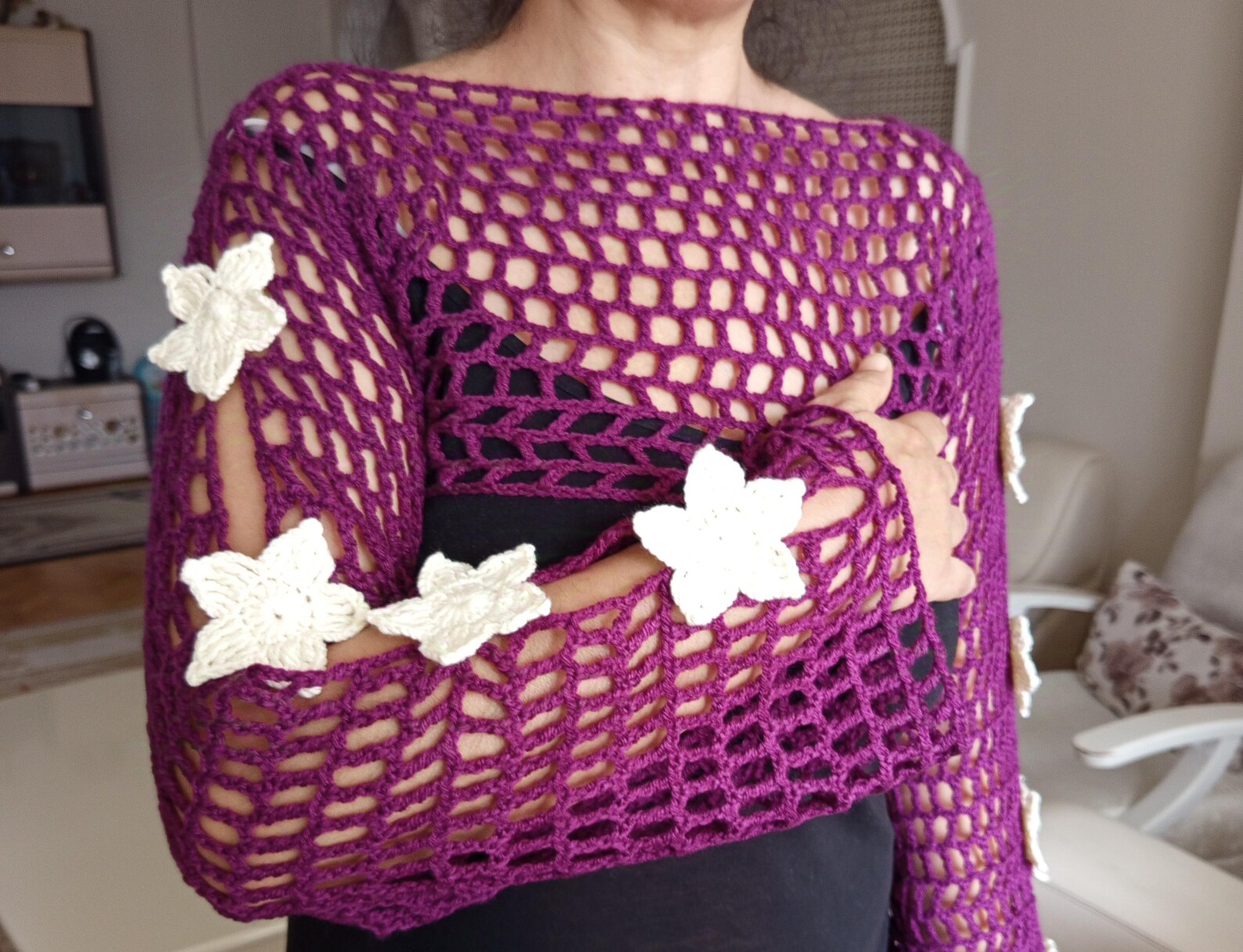 Crochet Flower Motif Fishnet Decoration, Handmade Fishnet Bolero ...
