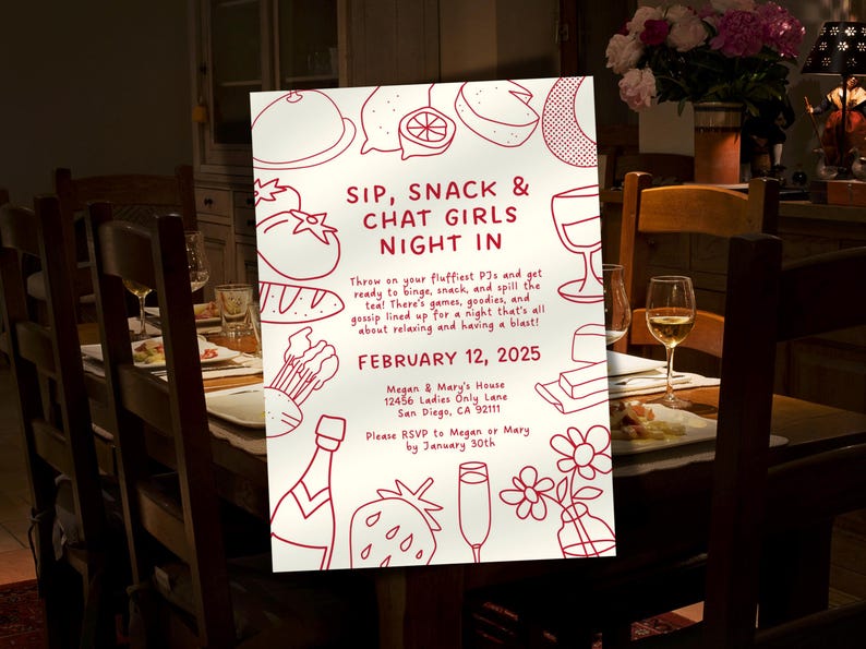 Girls Night Pajama Sleepover Movie Night Galentines Valentine Invite ...