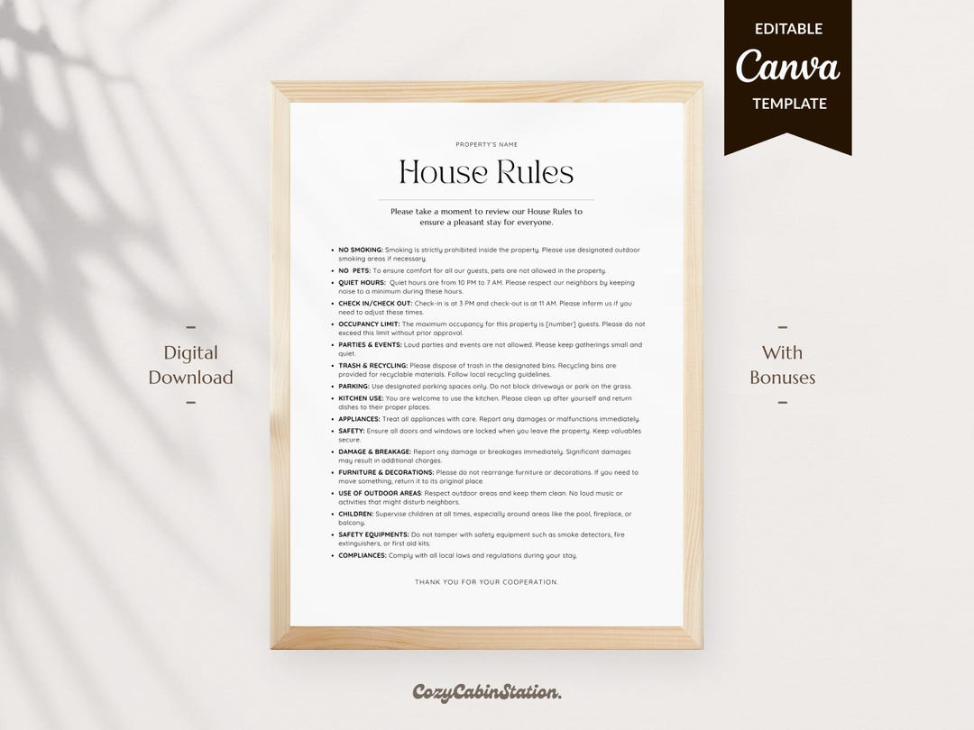 Airbnb House Rules Sign Template | Guest Information Sheet | Hotel ...