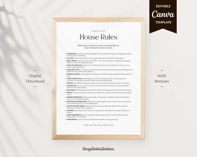 Airbnb House Rules Sign Template | Guest Information Sheet | Hotel ...