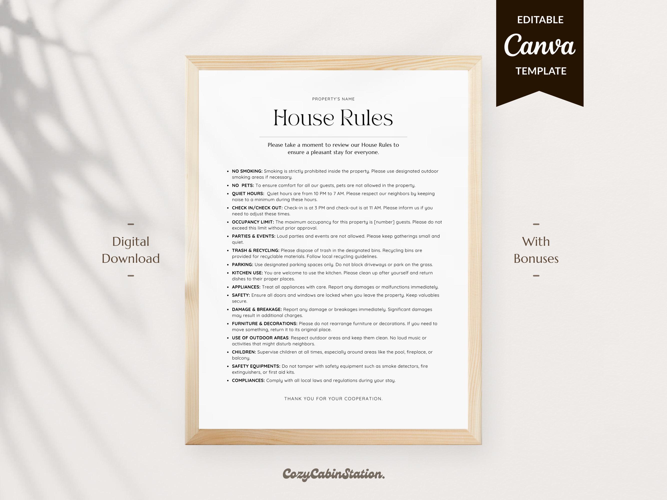 Airbnb House Rules Sign Template | Guest Information Sheet | Hotel ...
