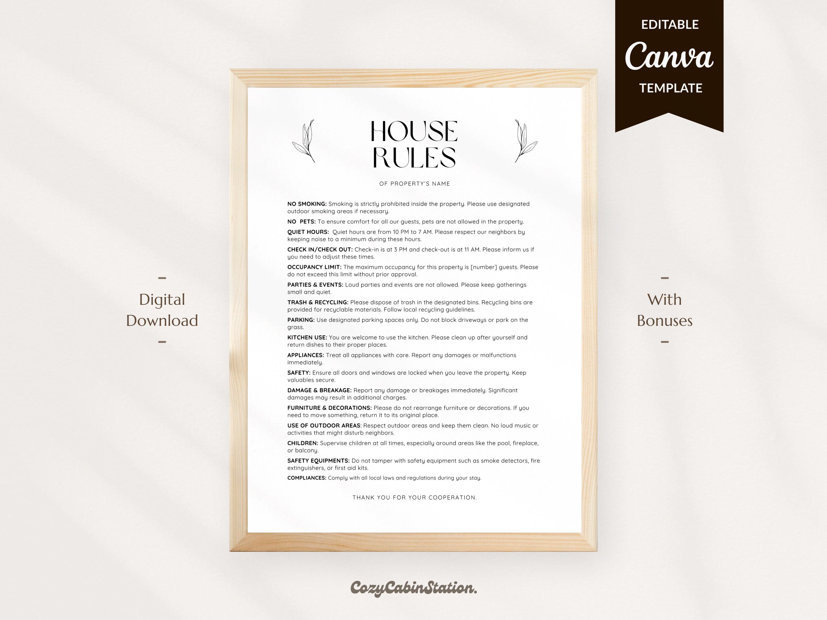 Airbnb House Rules Sign Template Guest Information Sheet Hotel Rules ...