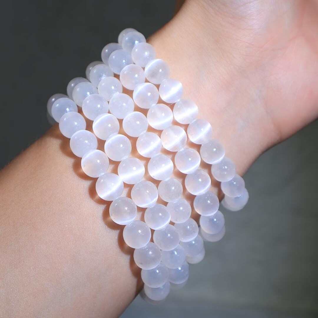Selenite Crystal Bracelet: 8mm Gemstone, Healing & Protection - Etsy