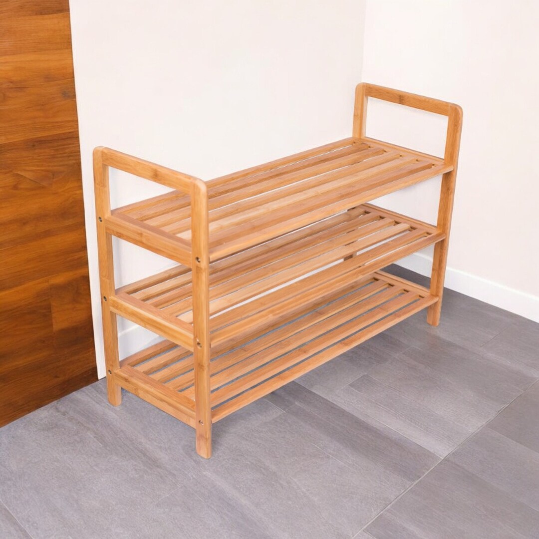 3 Tier Free Standing Shoe Rack With Handles Bamboo Shoe Rack Wooden ...