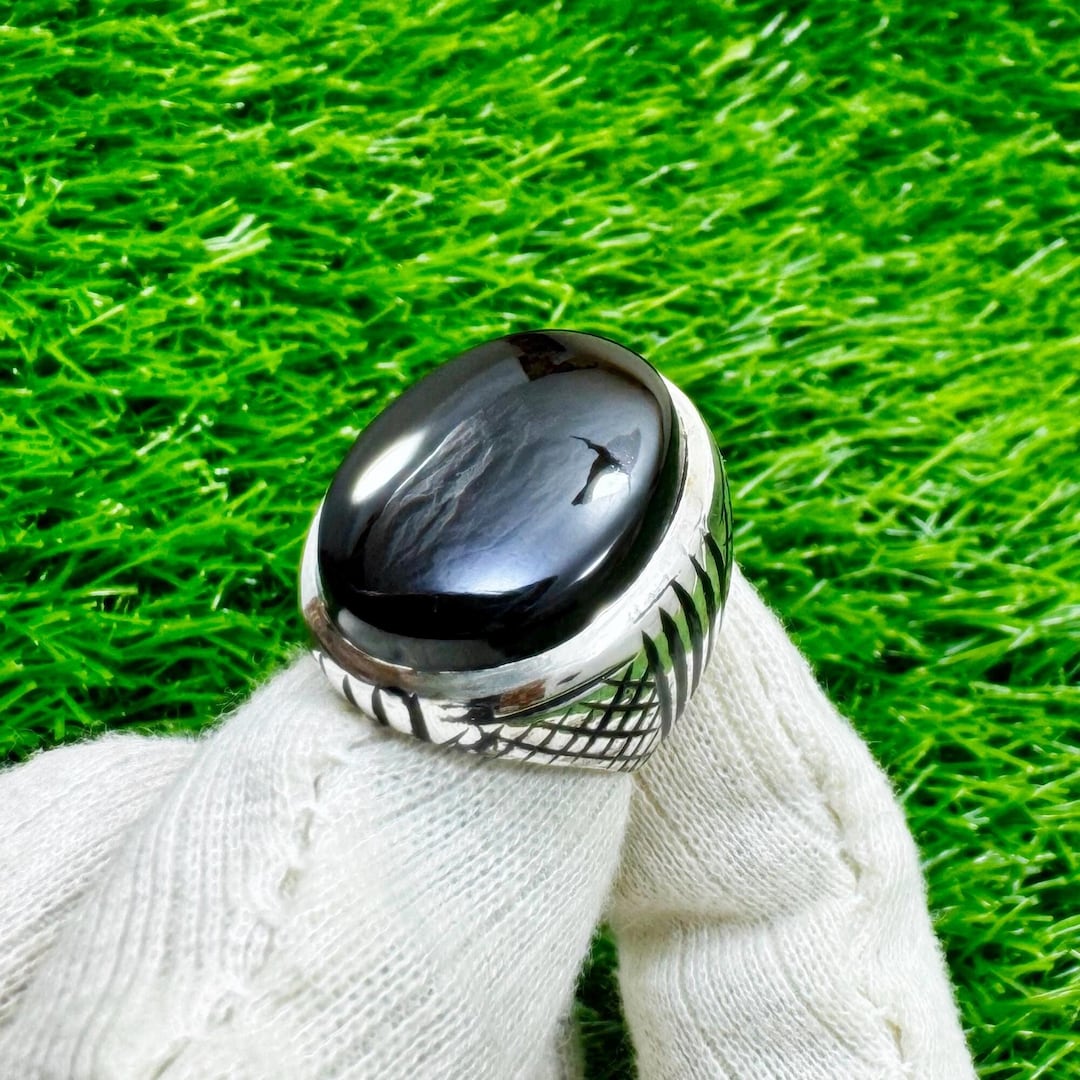 Natural Black Yemeni Aqeeq Ring, High Quality Silver Yamani Agate Ring ...