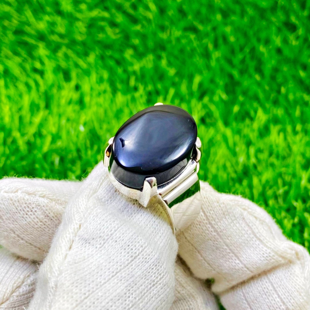 Natural Black Yemeni Aqeeq Ring, High Quality Silver Yamani Agate Ring ...