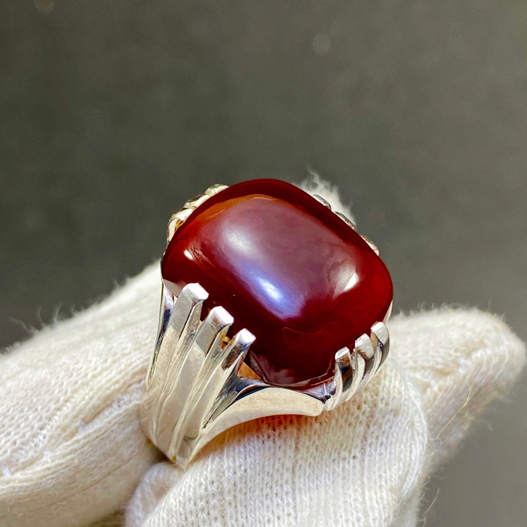 Emerald Cut Red Agate Ring: Sterling Silver Aqeeq Islamic Ring - Etsy