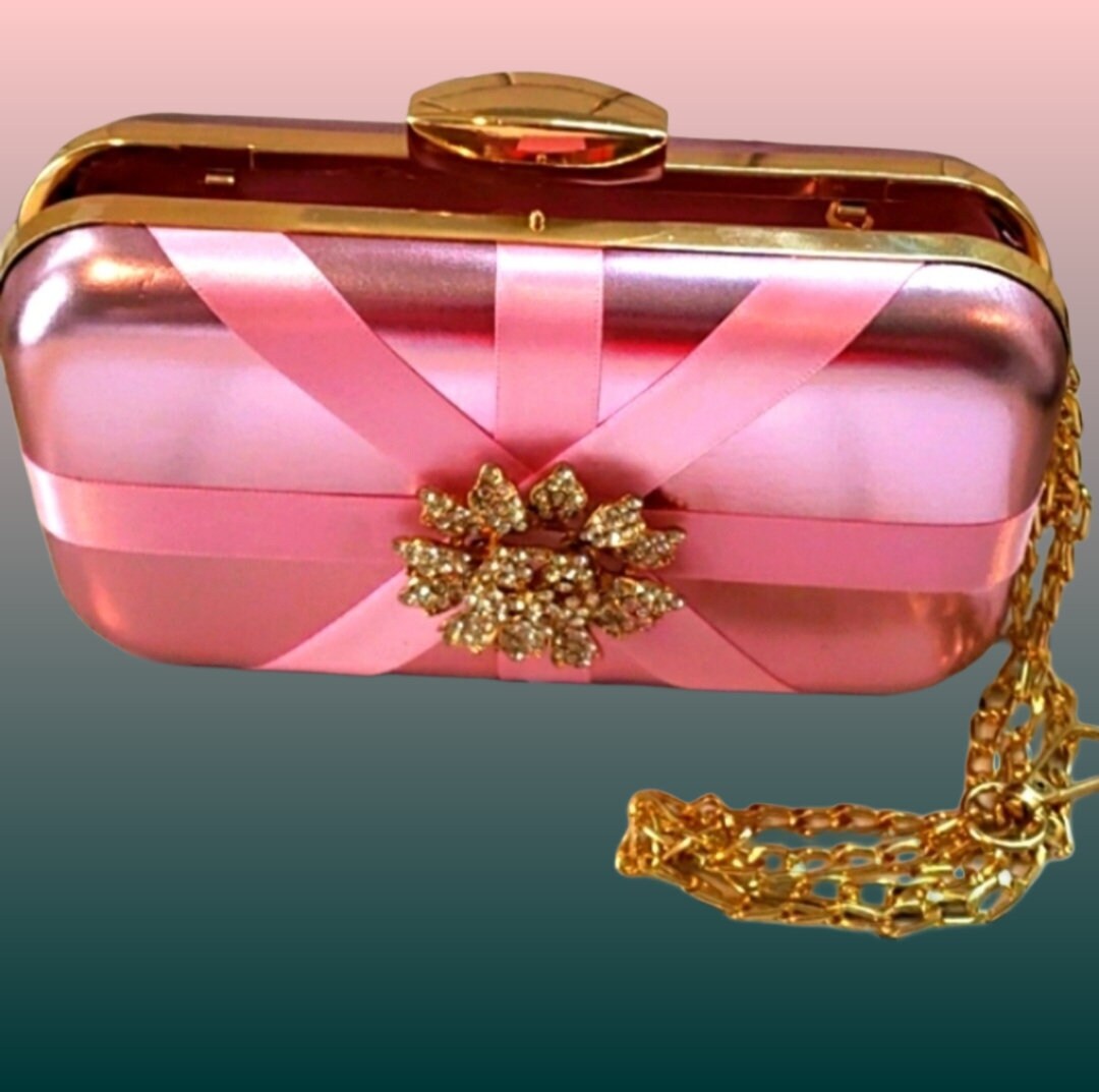 Cute, Pink Metallic Clutch Purse With Gold Clasp and Dainty Handle. Has ...