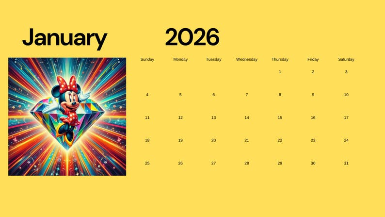 Minnie Mouse "2026" 12-month Jan-dec PDF Digital Download Calendar - Etsy