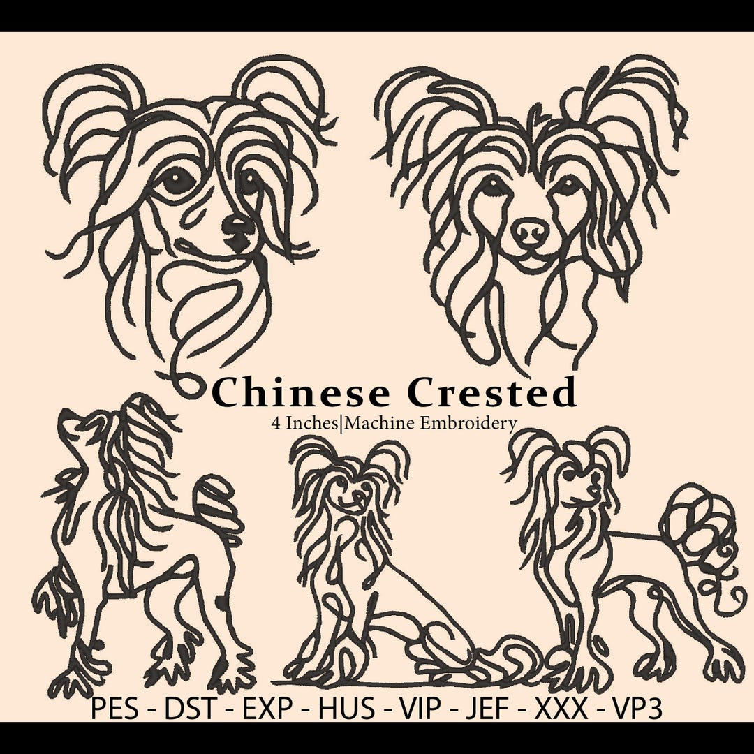 5 Embroidery Design Minimalist Chinese Crested Dog Line Art,dog Breed ...