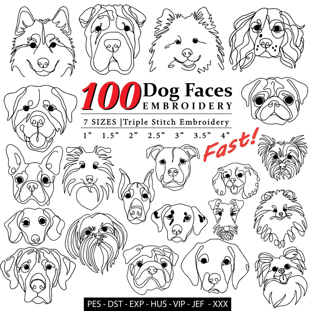 100 Dog Faces | 7 Sizes | Fast & Easy Machine Embroidery Designs Bundle ...