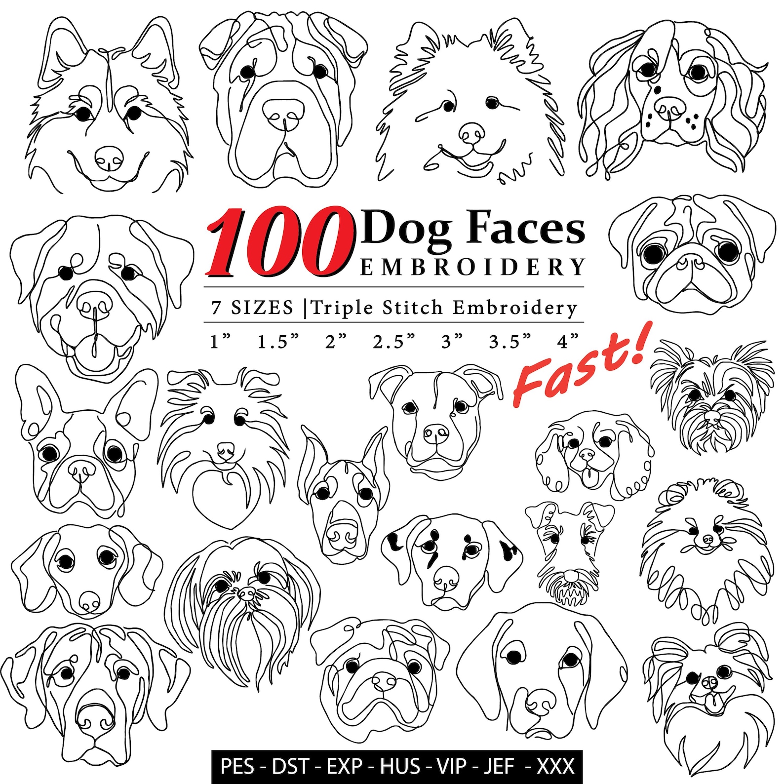 100 Dog Faces | 7 Sizes | Fast & Easy Machine Embroidery Designs Bundle ...