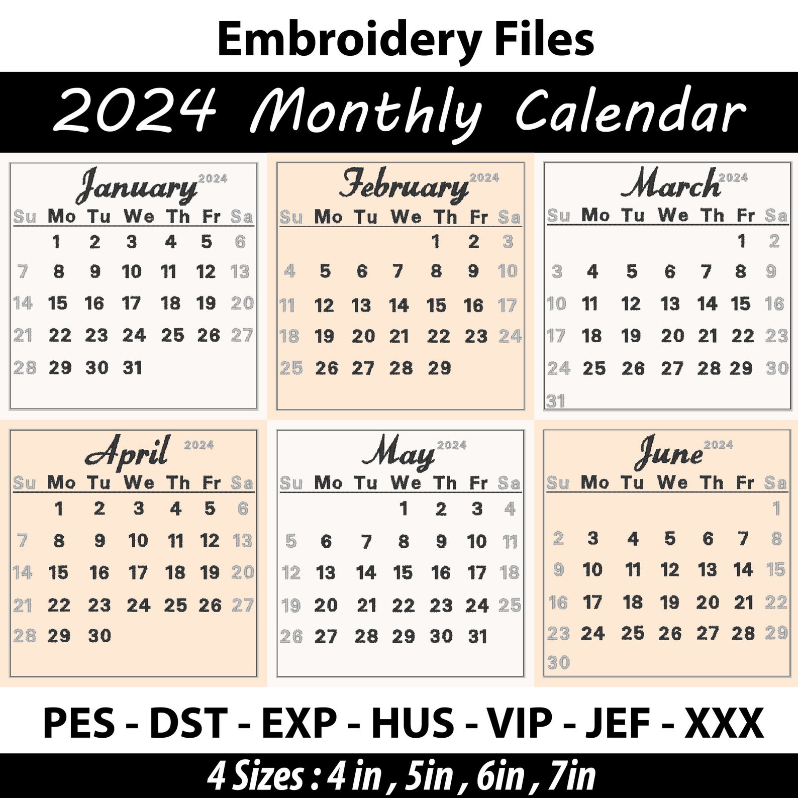 4 Sizes 2024 Monthly Calendar Embroidery Design,minimal Black and White ...