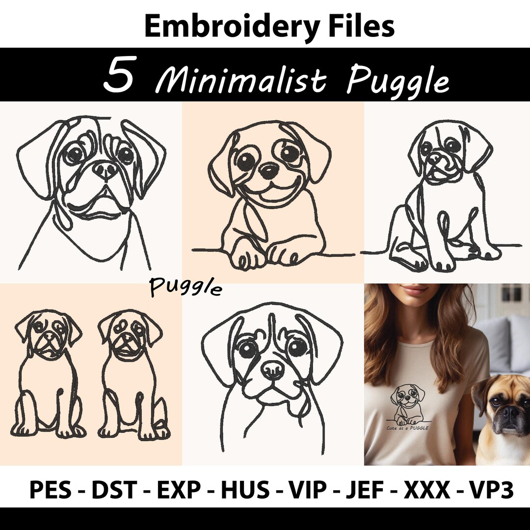 5 Embroidery Design Minimalist Puggle Dog Line Art,dog Breed,pet ...